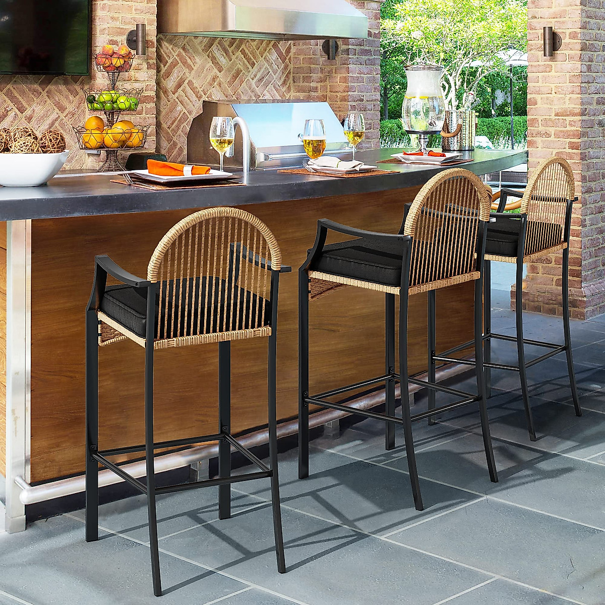 YITAHOME 3-Piece Outdoor Wicker Bar Height Set with Cushioned Barstools, Patio Bistro Furniture for Balcony and Poolside, Black+Light Yellow