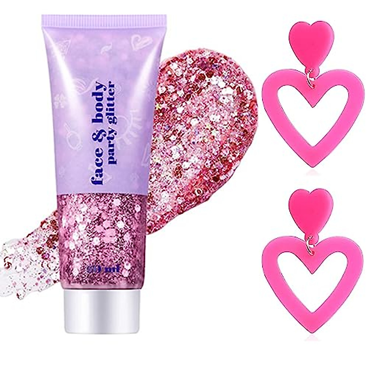 Go Ho Pink Body Glitter Gel and 2 PCS Hot Pink Heart Earrings for Women,Sparkle Pink Holographic Chunky Sequins Glitter Gel with Pink Heart Earrings for Singer Concerts Face Body Glitter Makeup