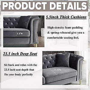 lunhung 81" Chesterfield Velvet Sofa for Living Room,3-Seater Sofa Tufted Couch with Golden Metal Legs & Nailhead,2 Pillows, Rolled Arms Sofa for Living Room,Bedroom,Office,Apartment (Grey)
