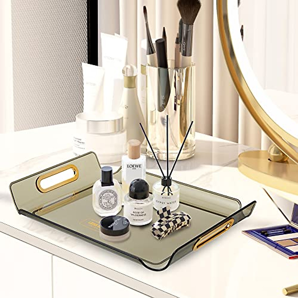 Serving Tray Decorative Serving Trays with Handles, Coffee Table Large Tray Decor for Serving Food Trays for Vanity Dresser Bathroom Bedroom (Clear Coffee)