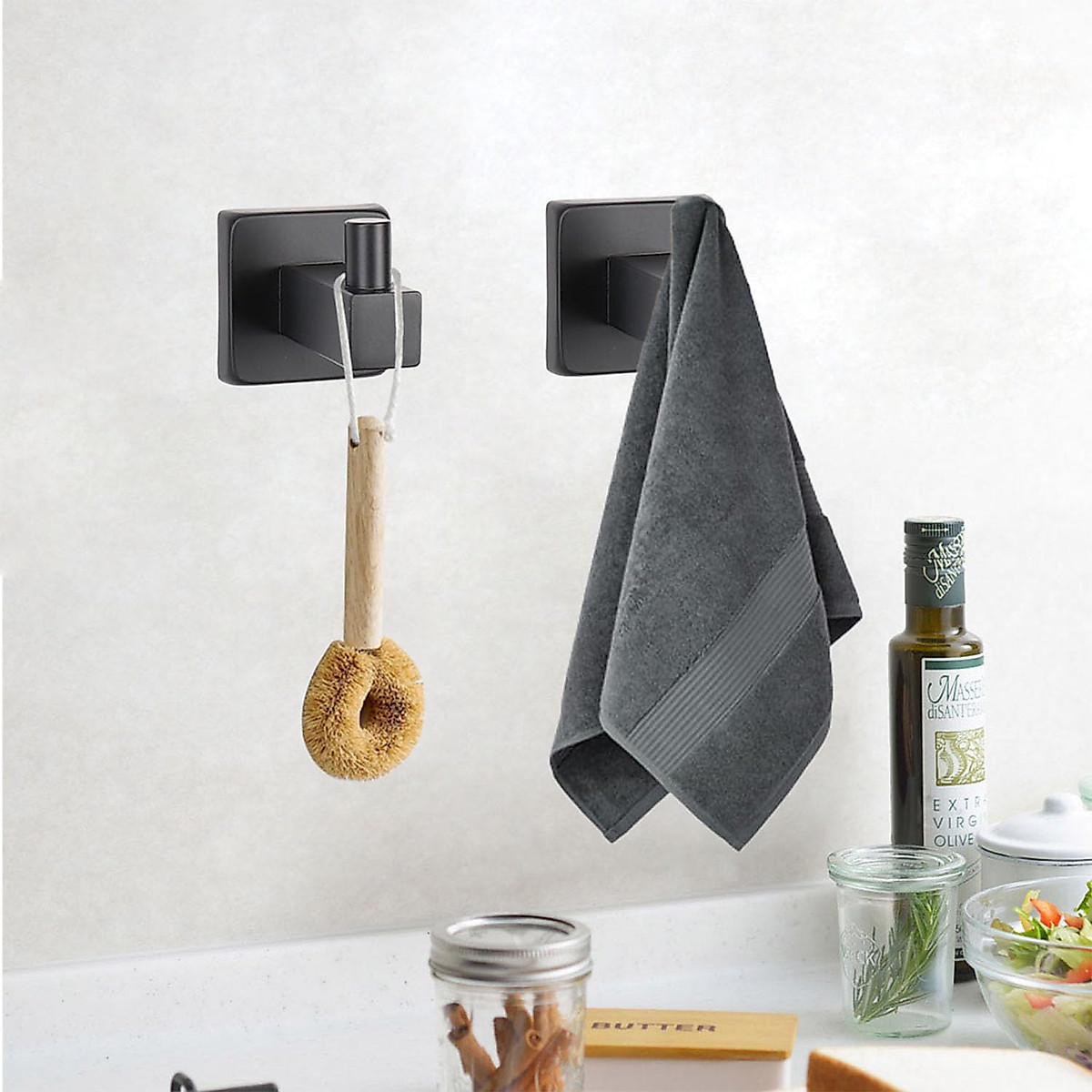 TocTen Bathroom Hook - 2 Pack Square Robe/Towel Hooks, 304 Stainless Steel Rustproof Coat Hook Wall Mounted, Heavy Duty Hanger Wall Hooks for Bathroom Kitchen Back Door Wardrobe(Matte Black)