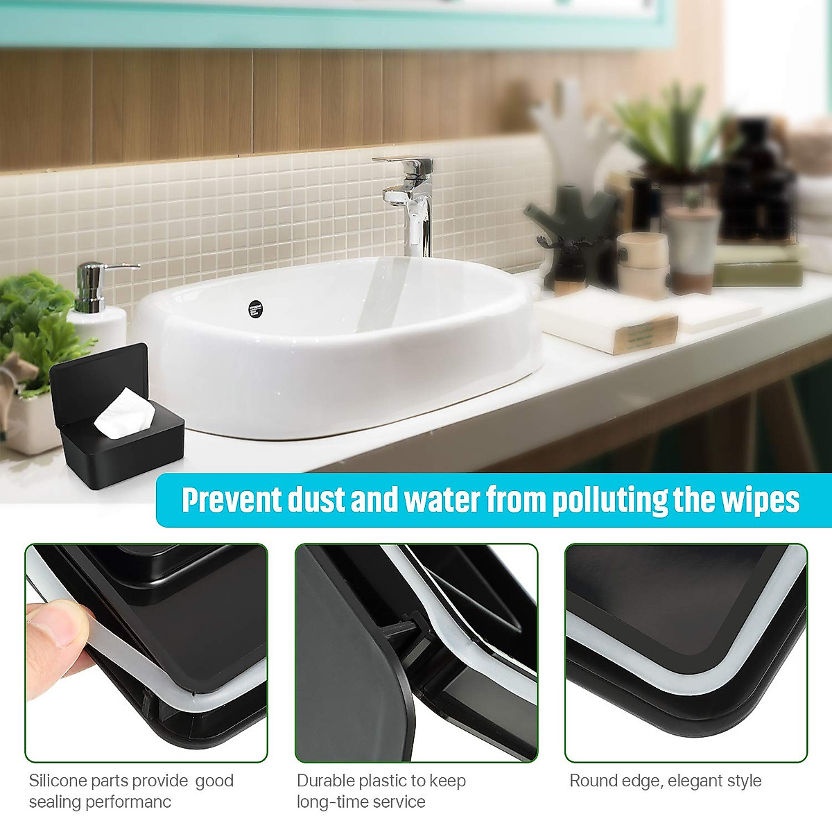 Baby Wipes Dispenser Holder with Lids for Napkin Nappy Paper Tissue Towel Mask Storage Case Box, Keeps Wet Tissue Fresh, Flushable Wipes Pouch Case Container for Bathroom Baby Nursery (Black)