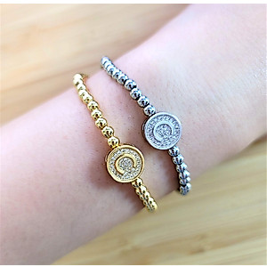by you Initial Bracelets for Women 26 Letters Alphabet Round Charm Stainless Steel Gold Silver Beaded ball Bracelets (Silver - C)