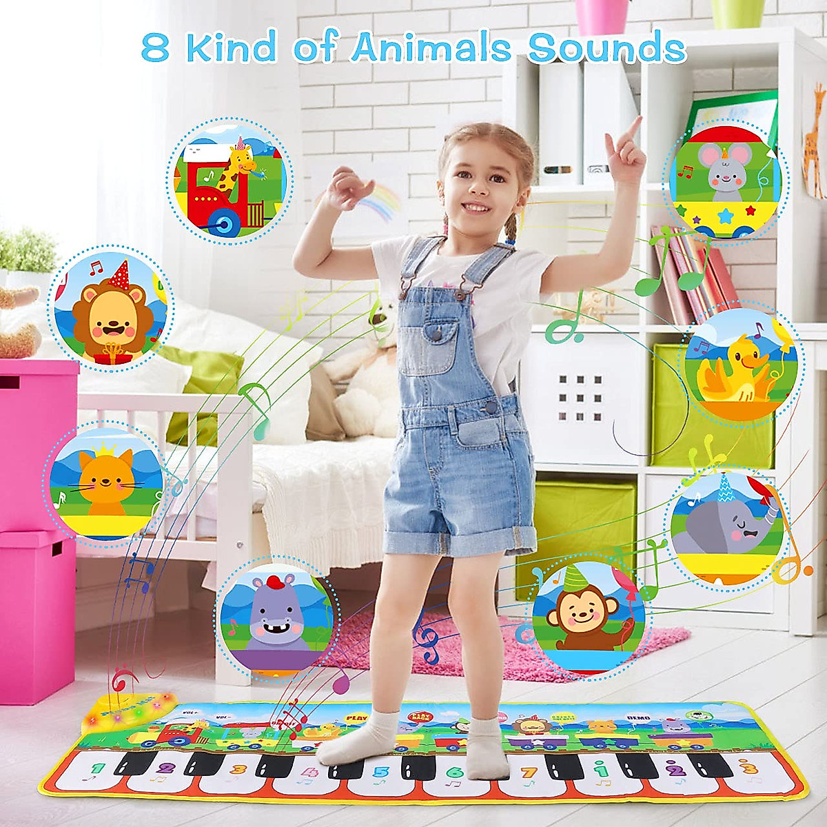 Fixget Musical Mat, Kids Piano Keyboard Play Mat with 8 Animal Sounds, Children Electronic Music Blanket Touch Playmat Floor Piano Dance Mat Early Education Toys Gifts for Toddlers Baby Boys Girls