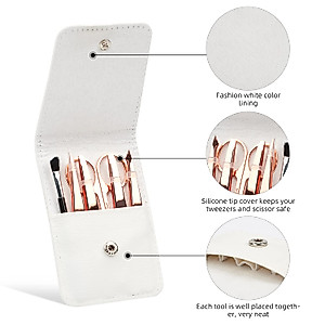 Precision Eyebrow Tweezers Set Pack of 6 for Women Ingrown Facial Hair Removal Pointed Rose Gold Tweezers Scissors Brush Kit for Splinter with Leather Case Gift