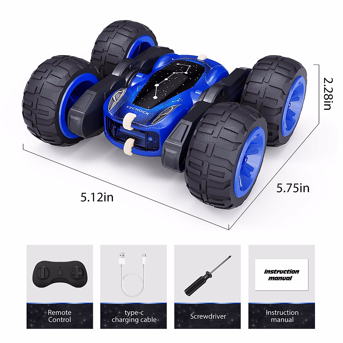 Tecnock Remote Control Car, 2.4GHz RC Cars with USB-C Easy Charging, 4WD Double Sided 360° Rotates and Flips RC Stunt Car, Toys Gift for Boys and Girls