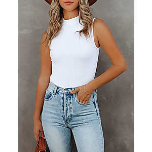 Areecin Women's Mock Neck Tank Tops Summer Sleeveless Pullover Tops Slim Fit Ribbed Shirts Casual Basic Blouses White L