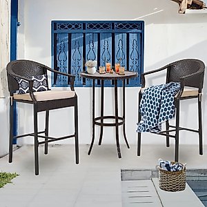 PORWEY 3 Piece Patio Bar Set, Outdoor Rattan Wicker Bar Height Table and Chairs Set, High Top Bistro Set with Pub Table and 2 Cushioned Stools, Outdoor Furniture Set for Backyard Poolside Porch, Beige