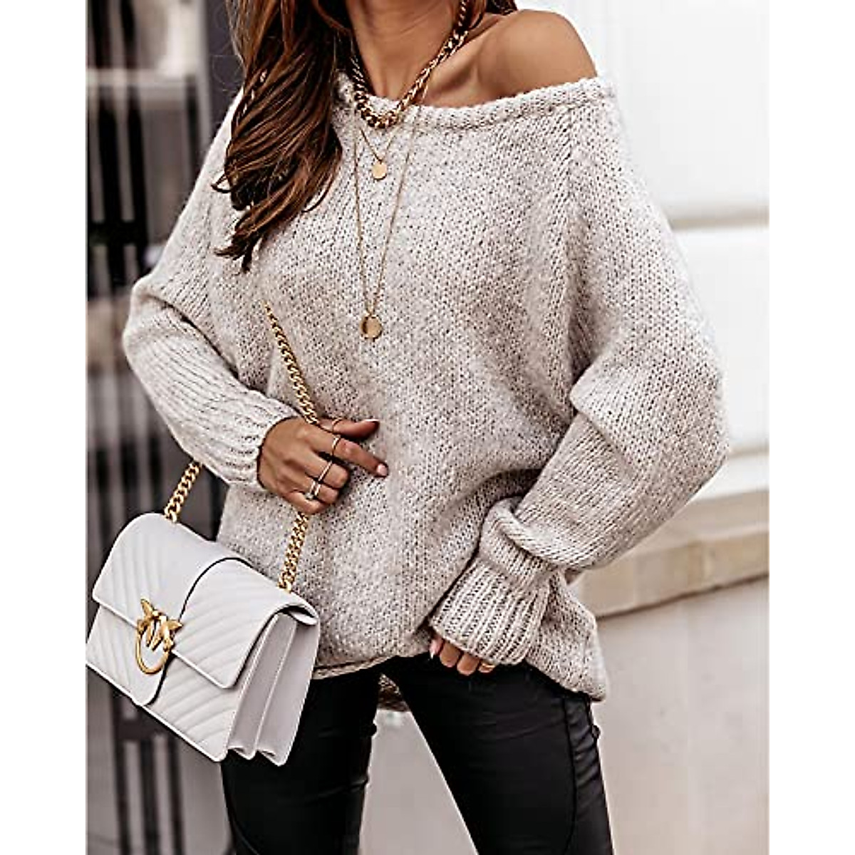BTFBM Women Casual Long Sleeve Fall Sweaters Crew Neck Solid Color Soft Ribbed Knitted Oversized Pullover Loose Fit Jumper(Solid Apricot, Large)
