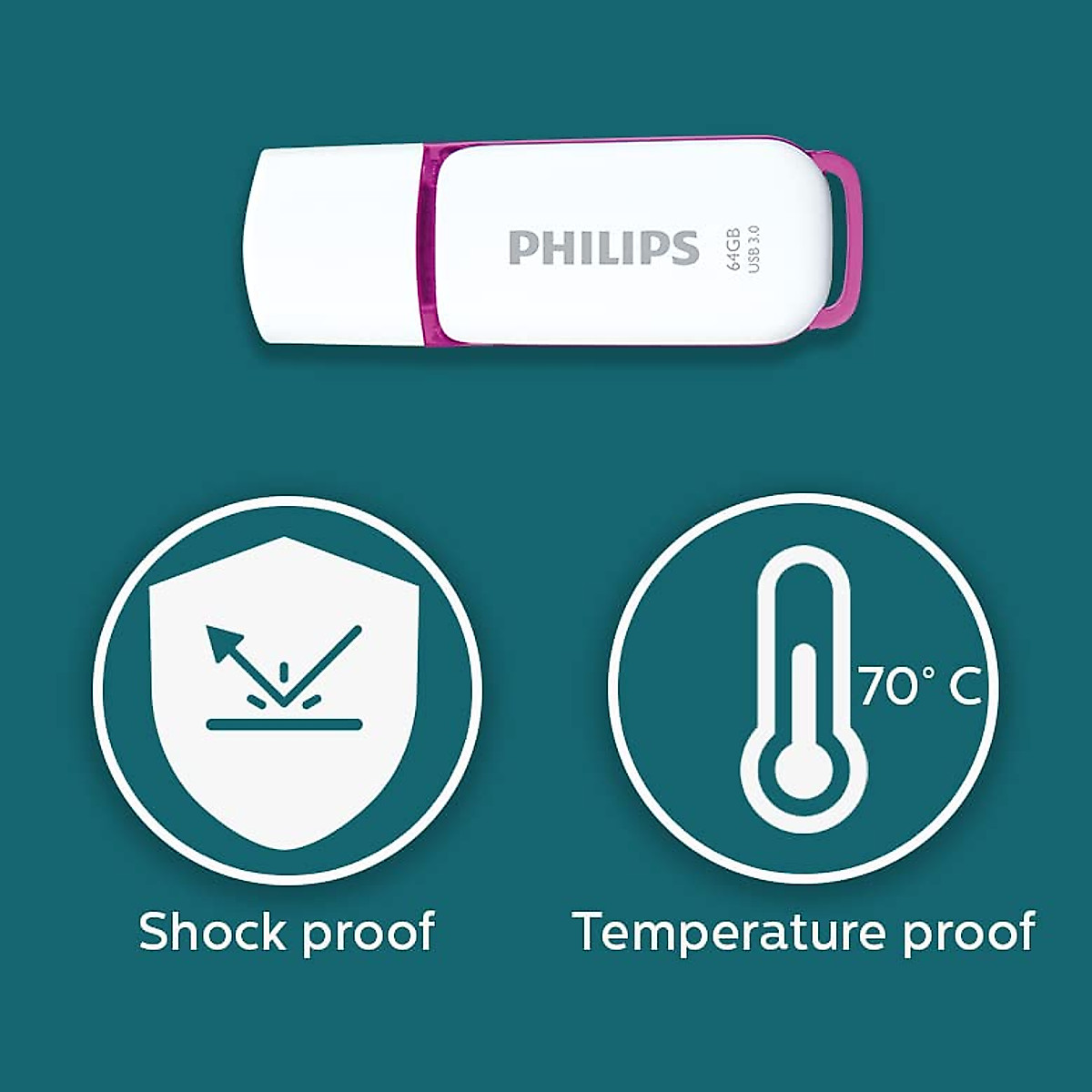 PHILIPS High Speed 64GB Flash Drive, Snow Edition USB 3.0 - White/Purple, 100MB/s
