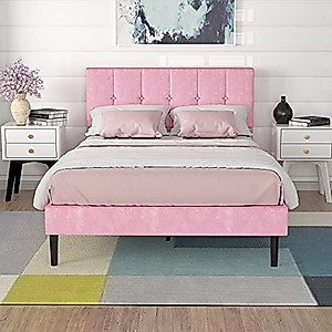 Full Size Fabric Upholstered Platform Bed Frame with Button Tufted Stitched Headboard, Mattress Foundation with Metal Wood Slat Support, No Box Spring Needed, Noise Free Design, Easy Assembly, Pink