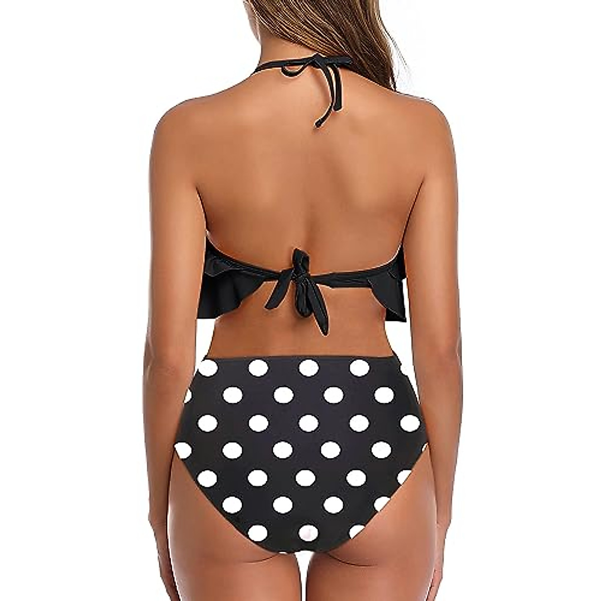 Tempt Me Women Black Polka Dot Two Piece Swimsuits High Waisted Bikini Teen Ruffle Tummy Control Bottoms Halter Bathing Suits M