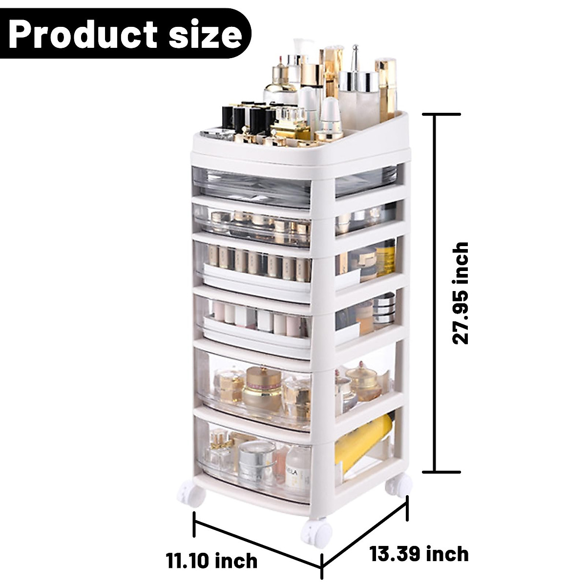 HamRoRung Makeup Storage Organizer with Drawers, Put 35 Lipstick, 18 Eyeshadow and 20 Brushes, Makeup Storage Cabinet, Floor Makeup Organizer with Wheels for Bedroom, Bathroom, Near the Vanity