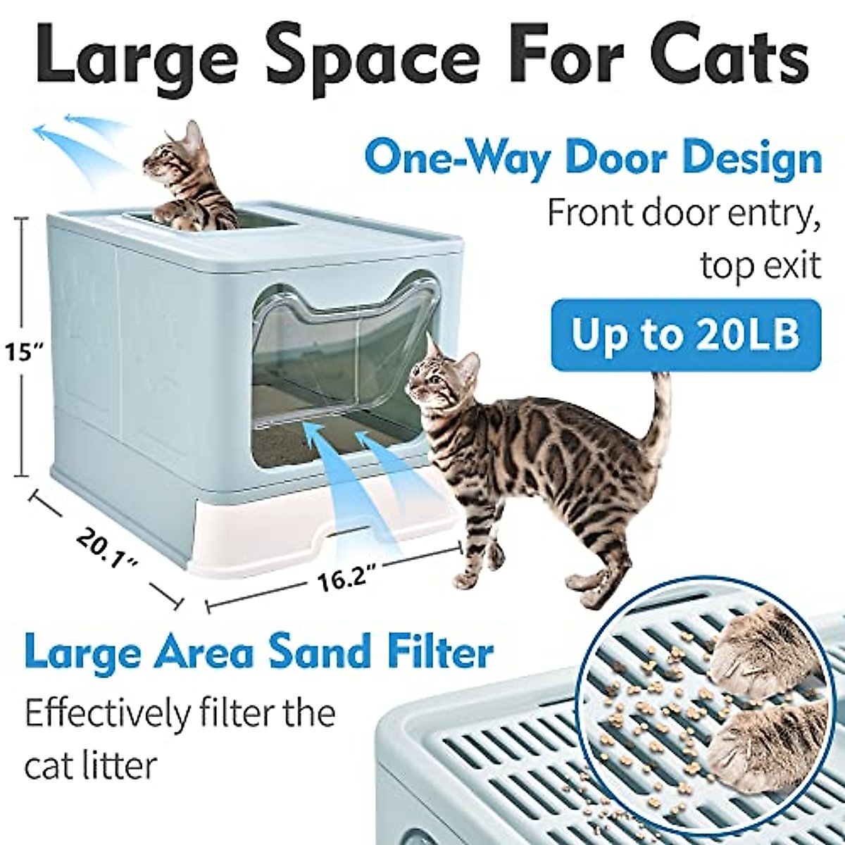Homagico Foldable Cat Litter Box, Extra Large Front Entry Top Exit Litter Box with Lid, Drawer Type Enclosed Kitty Litter Box with Litter Scoop, Anti-Splashing Cat Toilet Easy Cleaning （Blue）