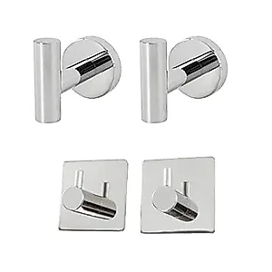 TocTen 4 Pack Bath Towel Hook Set, SUS 304Stainless Steel Robe Hook, Heavy Duty Bathroom Hook Include 2 Wall Mounted Coat Hooks 2 Adhesive Hooks Suitable for Kitchen Office Bathroom