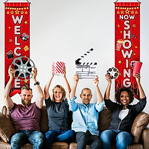 Movie Night Porch Sign Banner Movie Theme Party Decorations Movie Theater Welcome Now Showing Lights Camera Action Hanging Porch Sign for Home Film Backdrop Party Supplies (Classic Style, 2 Pieces)