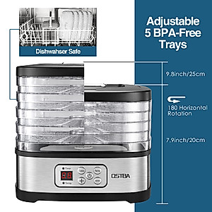 OSTBA Food Dehydrator Machine Adjustable Temperature & 72H Timer, 5-Tray Dehydrators for Food and Jerky, Fruit, Dog Treats, Herbs, Snacks, LED Display, 240W Electric Food Dryer, Recipe Book