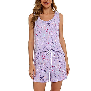 ENJOYNIGHT Womens Pajamas Set Cute Sleeveless Print Tank and Shorts Pj Set Summer Sleepwear (Large,PU) Purple
