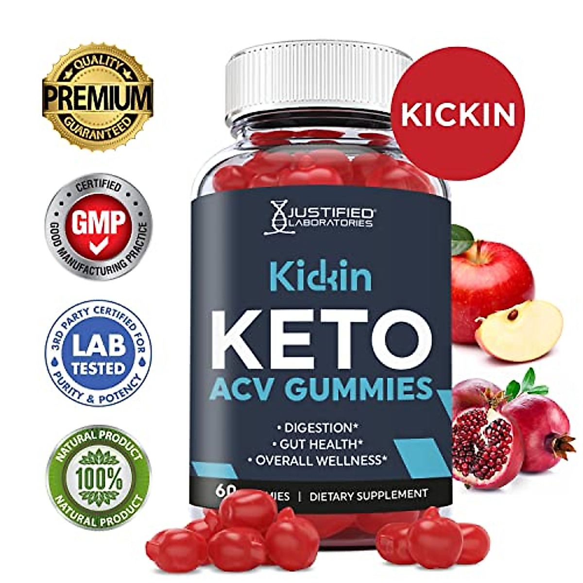 Justified Laboratories (2 Pack) Kickin Keto ACV Gummies 1000MG with Pomegranate Juice Beet Root B12 120 Gummys