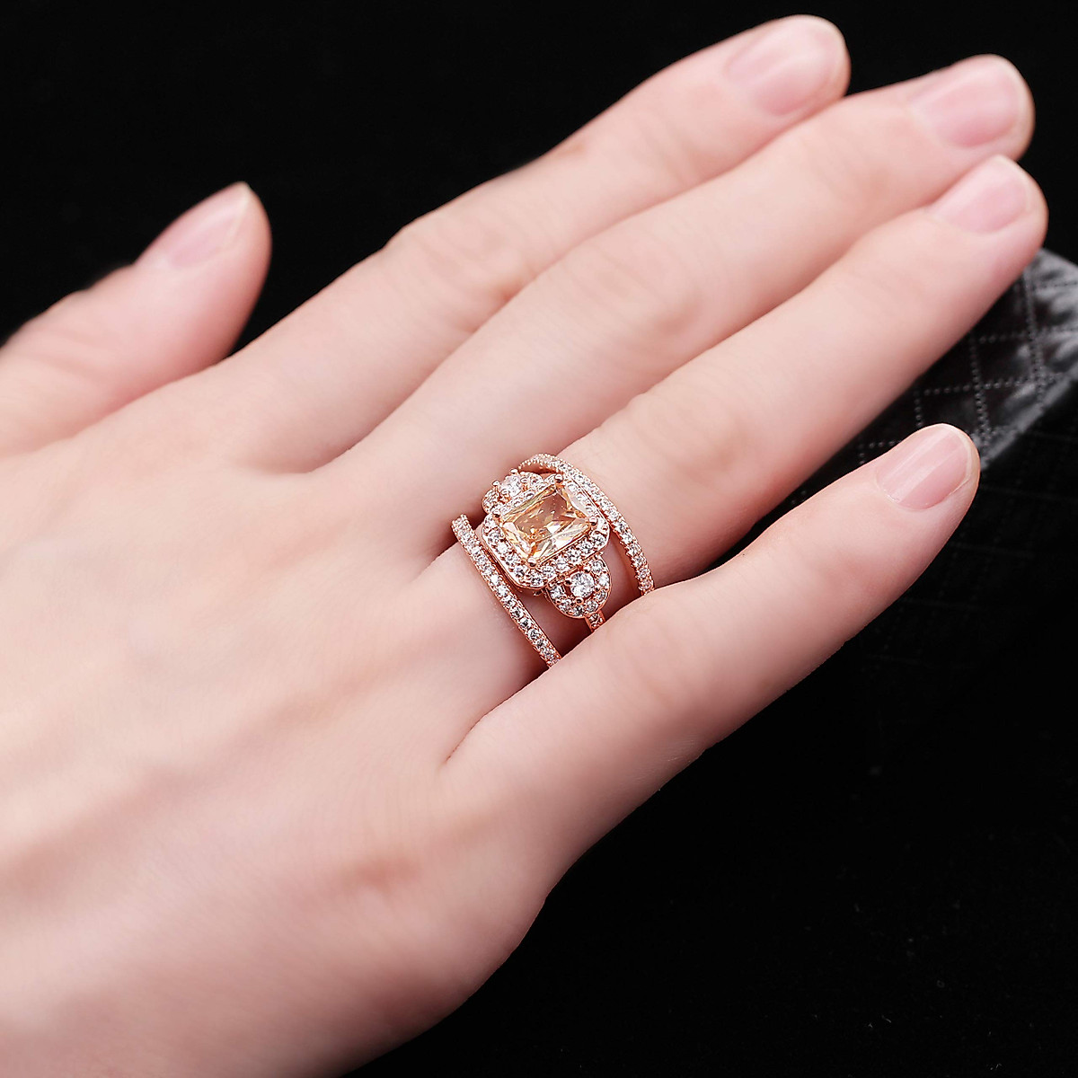 Uloveido Sqaure Orange Yellow CZ Zircon 3-Stone Stack Rings Set for Anniversary Bridal Bridesmaid, Rose Gold Plated Cubic Zirconia Crystal Rings Eternity Bands (Size 10) Y434