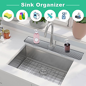 32 Inch Sink Splash Guard, Kitchen Sink Drying Mat, Countertop Faucet Drip Catcher Tray, Sponge Holder (Gray)