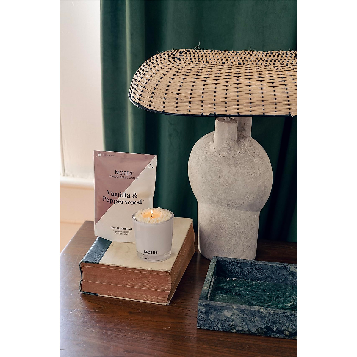 NOTES Sustainable Candle Refill | Non-Toxic Fragrance, Natural Wax Beads (Beeswax, Rice bran and Soy), Cotton Wick and Sustainer - (1) Vanilla & Pepperwood