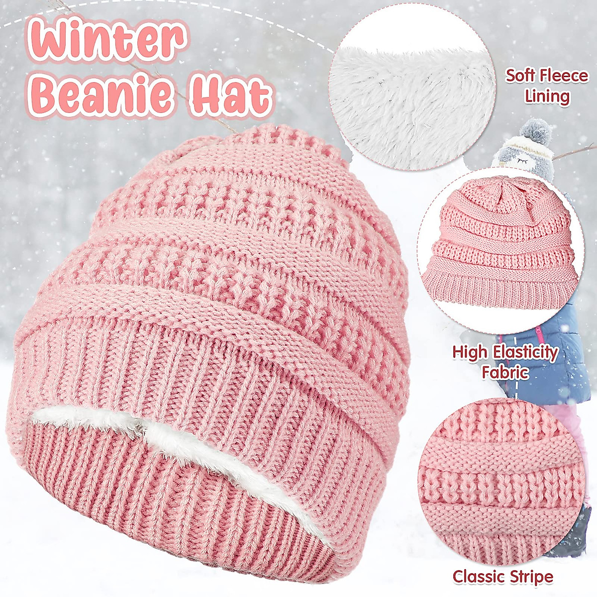 JaGely 9 Pieces Kids Winter Hat Scarf Glove Set Girls Toddler Children Winter Hats Beanie with Fleece Lined Neck Warmer Gaiter Touchscreen Gloves Mittens, Pink, White, Purple