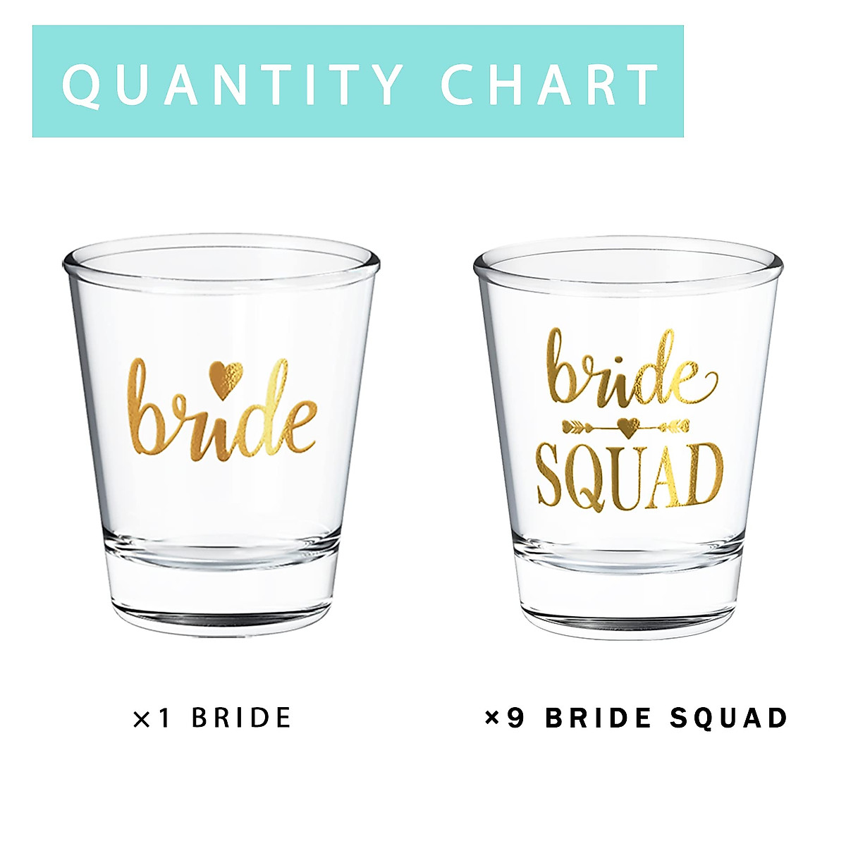 LADY & HOME Bride and Bride Squad Bachelorette Party Shot Glasses-2.5oz,Set of 10,1 Bride and 9 Bride Squad Shot Glasses,Perfect Bridesmaid Gifts for Women and Bachelorette Party Favors (Squad)
