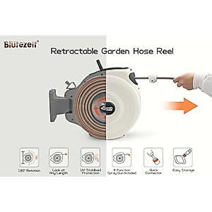 Blütezeit Retractable Garden Hose Reel, 1/2'' x 65FT+6FT Wall Mount Water Hose Reel, 8 Function Hose Nozzle, Any Length Lock, 180° Swivel Bracket, Automatic Slow Rewind System