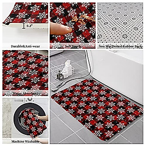 Christmas Bath Rugs White Snowflake Sponge Doormat Absorbent Non Slip Backing Durable Soft Flannel Mat Red Buffalo Plaid Checkered Christmas Memory Foam Mats Carpet for Bathroom Kitchen 16 x 24 inches