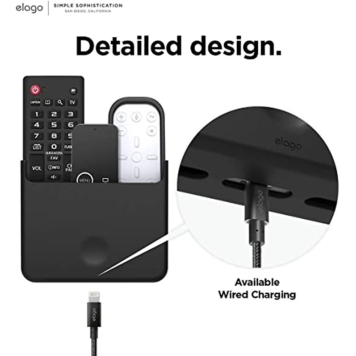 elago Universal Remote Holder Mount Compatible with Apple TV Remote and All Other Remote Controls - Adhesive Tape or Screw Mounting Options, Available Wired Charging [Large] [Black]