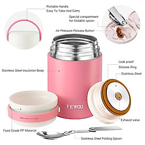 FEWOO Food Jar, 20oz Insulated Lunch Soup Container for Hot Cold Food for Kids Adults, Leak Proof Vacuum Stainless Steel Lunch Box with Folding Spoon for School Travel Outdoors (Pink)