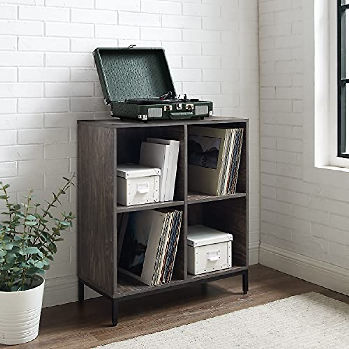 Crosley Furniture Jacobsen Storage Cube Bookcase and Record Player Stand with Vinyl Records Holder, Brown Ash