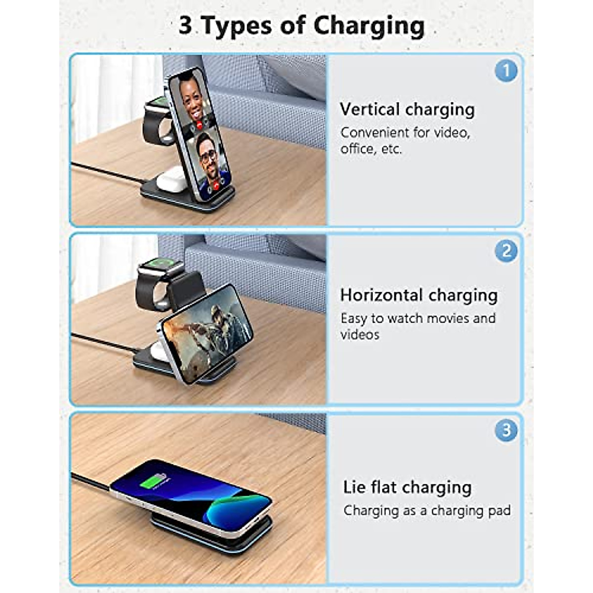 Wireless Charger, 3 in 1 Fast Wireless Charging Station, Wireless Charging Stand Dock 18W Foldable for Apple Watch SE/7/6/5/4/3/2 AirPods 3/2/Pro iPhone 13/12/11/Pro/XS/Xs Max/XR/X/SE/8/8 Plus
