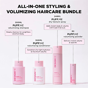 Design.Me PUFF.ME Hair Volumizer Bundle | Volumizing Shampoo, Conditioner, Powder, & Dry Texture Spray for Hair | Sulfate Free Shampoo & Color Conditioner with Styling Powder & Hair Texture Spray