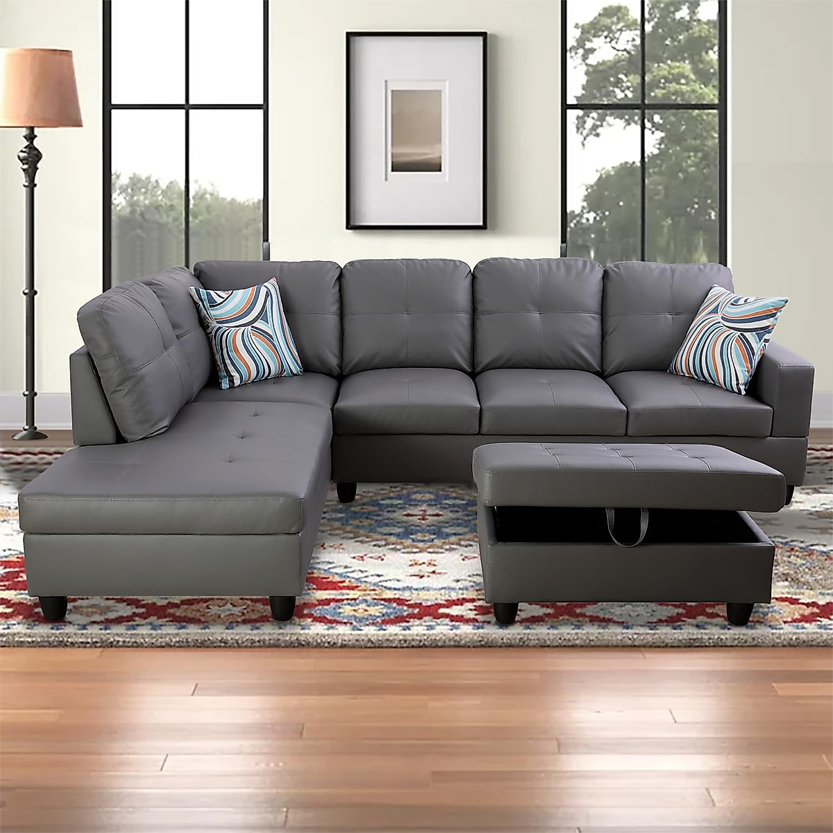 Caberryne Sectional Couch for Living Room Furniture Set Dack Grey,Sectional Sofa Set L Shape Sofa and Chaise with Storage Ottoman for Living Room/Apartment（Dack Grey,Facing Left Chaise）