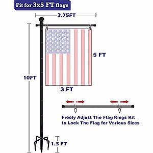 Balie Space 10FT Tall Freestanding Flag Pole for 3x5 Feet American Flag, Adjustable Garden Flagpole Stand with 5 Spikes Base for Outdoor Yard, 10 Feet