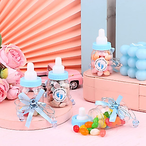 62 Pcs 3.5 Inch Baby Mini Milk Bottle Baby Shower Favor with 500 Adhesive Thank You for Showering Stickers, Small Plastic Bear Candy Bottle with Ribbon for Boy Girl Newborn Baptism Party Decor (Blue)
