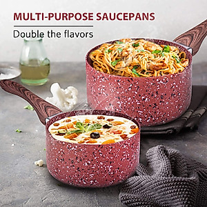 KOCH SYSTEME CS Nonstick Saucepan Set with Lid - 1.5 Quart & 3 Quart Stone Derived Coating Sauce Pan with Pour Spouts, Milk Pan & Pot with Bakelite Handle, PFOA PFOS Free, Red