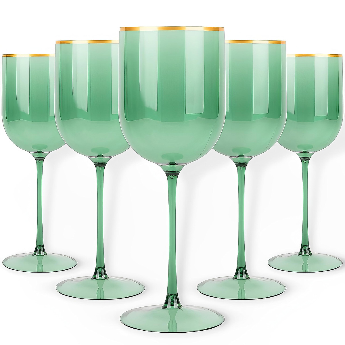 Blue Sky Green Plastic Wine Glasses With Gold Rim - 12oz (5-Pack) Reusable, Disposable Cups for Parties and Events