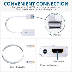 AUTOUTLET Wii to HDMI Converter 1080P with 6ft High Speed HDMI Cable Wii2 HDMI Adapter with Blue Indicator, Output Video&Audio with 3.5mm Jack Audio Compatible with Full HD Devices