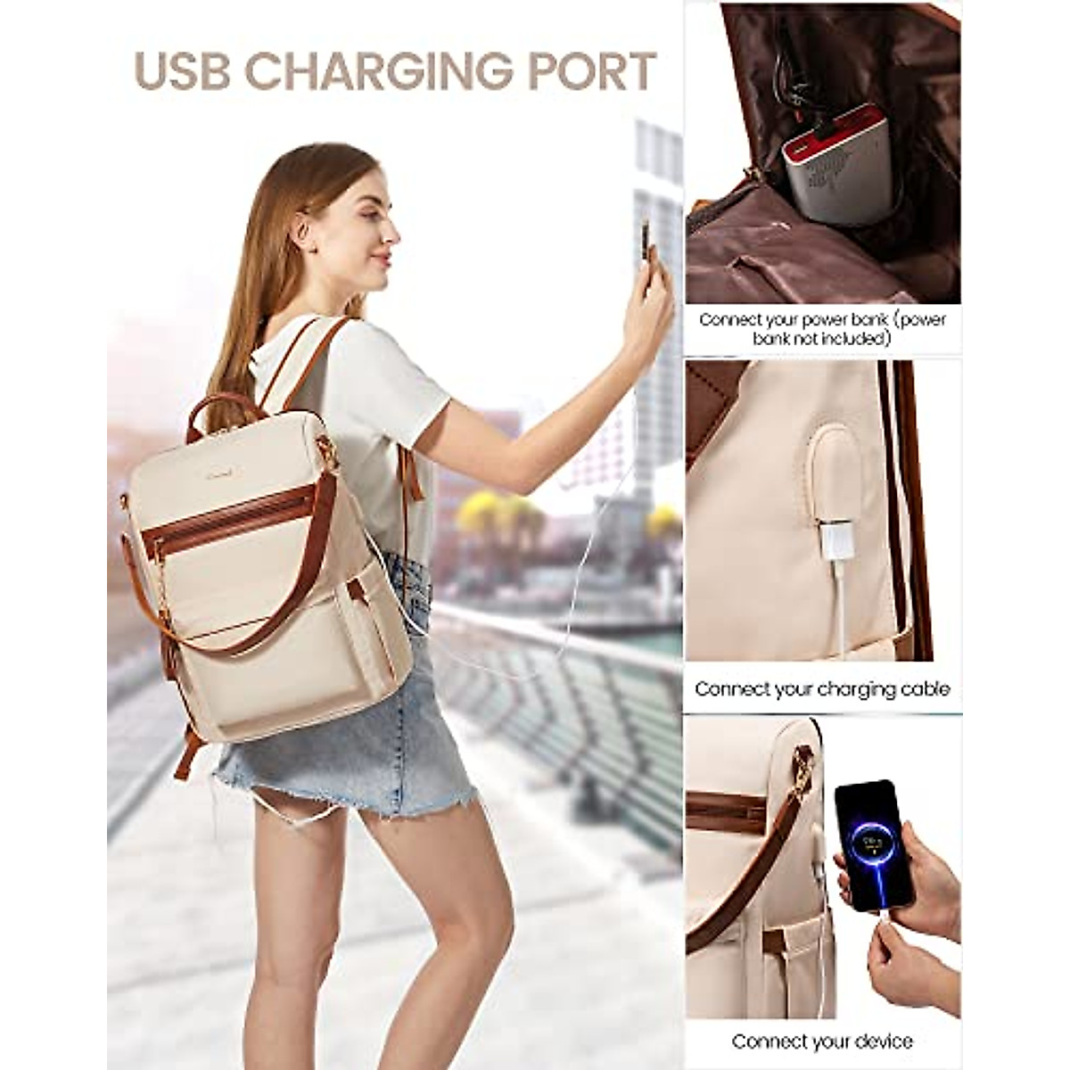 LOVEVOOK Laptop Backpack Women,15.6 Inch Convertible Backpack Purse for Women with USB Port,Fashion Teacher Nurse Bag Work Backpack with Cute Wristlet Bag for Travel College Commute,Beige Brown