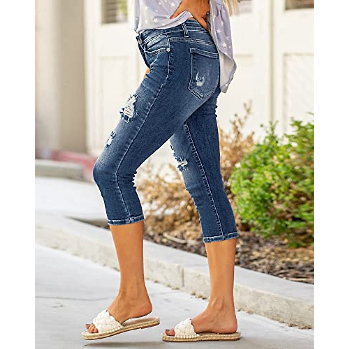 Utyful High Waisted Skinny Capri Jeans for Women Ripped Jean Capris Denim Pants Cobalt Night Blue Large