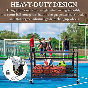 MyGift Professional Black Metal Rolling Sports Ball Storage Cart with Lid