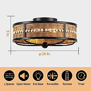 EKIZNSN Boho Caged Ceiling Fan with Light, 20 Inch Modern Boho Bladeless Ceiling Fan, Low Profile Flush Mount Ceiling Fans with Lights for Bedroom (5 E26 Bulbs Included)