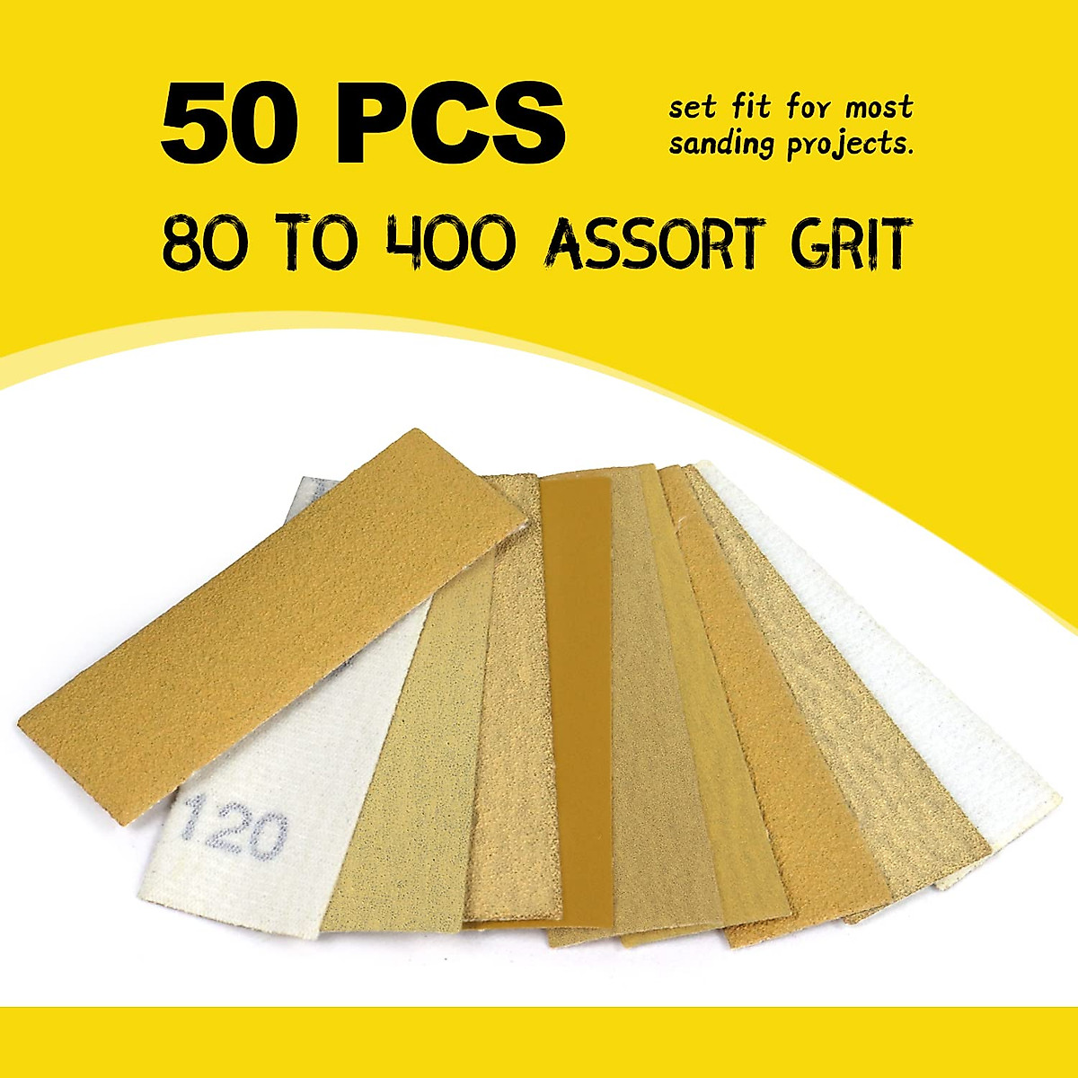 POLIWELL Micro Sander Kit 3.5” x 1” Mini Sander for Small Projects, Detail Handle Sanding Tools + Sandpaper 80 120 180 240 400 Grit for DIY Crafts Wood Finishing Tight Narrow Spaces Polishing, 50 PCS