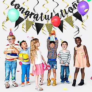 Glitter Congratulations Banner Triangle Flag Banner with 12 Pieces Hanging Swirls for Wedding Retirement Graduation Anniversary Party Decorations (Black, Gold)