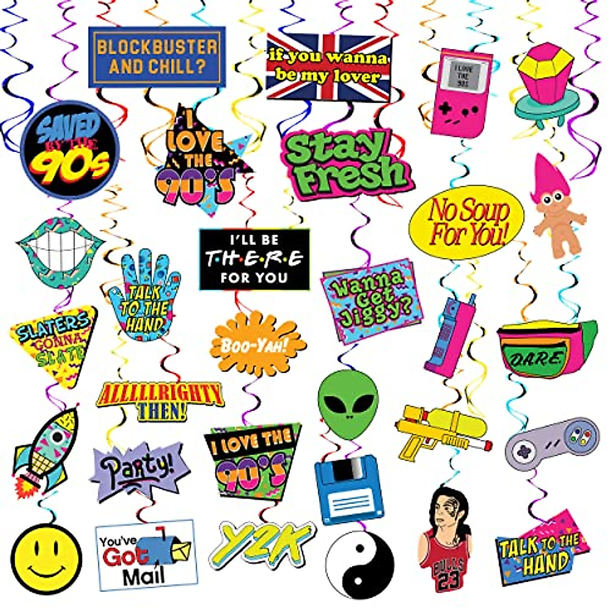 32 Piece 90s Party Hanging Swirls Decorations, Throwback 1990s Themed Party Supplies and Favors
