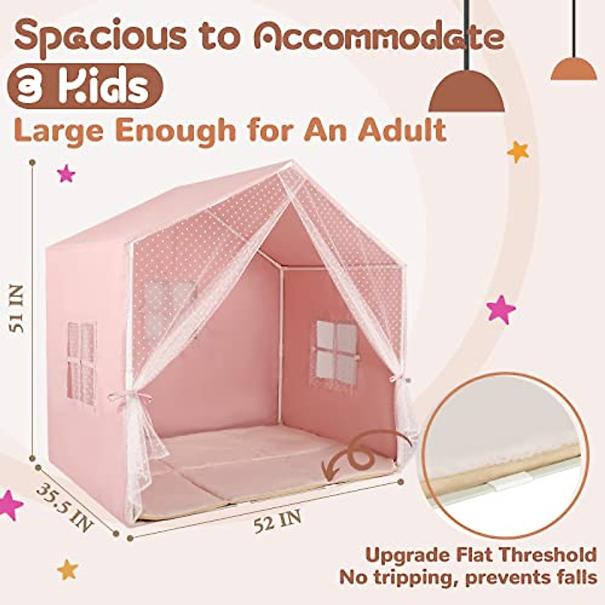 Kids Play Tent Indoor Outdoor, Large Play House Tents for Toddlers 3-12 Years Old, Girls Boys Play Tents with Non-Slip Mat and Star Lights, Pink 51" x 35.5" x 52"