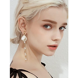 Kruckel Peach Blossom Floral Long Drop Dangling Earrings - Golden Studs with White Pearls, Jewelry for Women,Easy - Wear Fashion Design Accesory Packed with Durable Jewelry Box